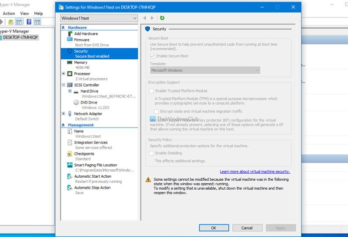 Hyper-V 中的安全设置呈灰色； 无法更改安全设置 - Tech Club