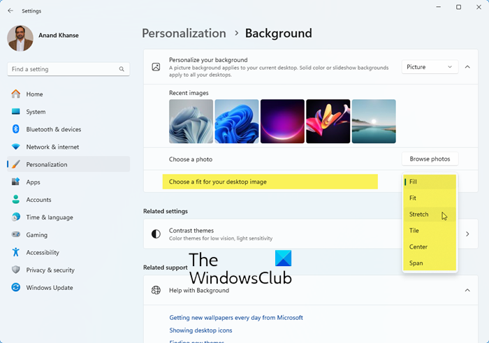 Windows 11/10 中的中心、填充、适合、拉伸、平铺、跨度壁纸 - Tech Club